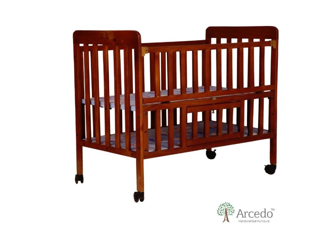 Wooden Baby Cot Bed with 4 Adjustable Wheels - Walnut