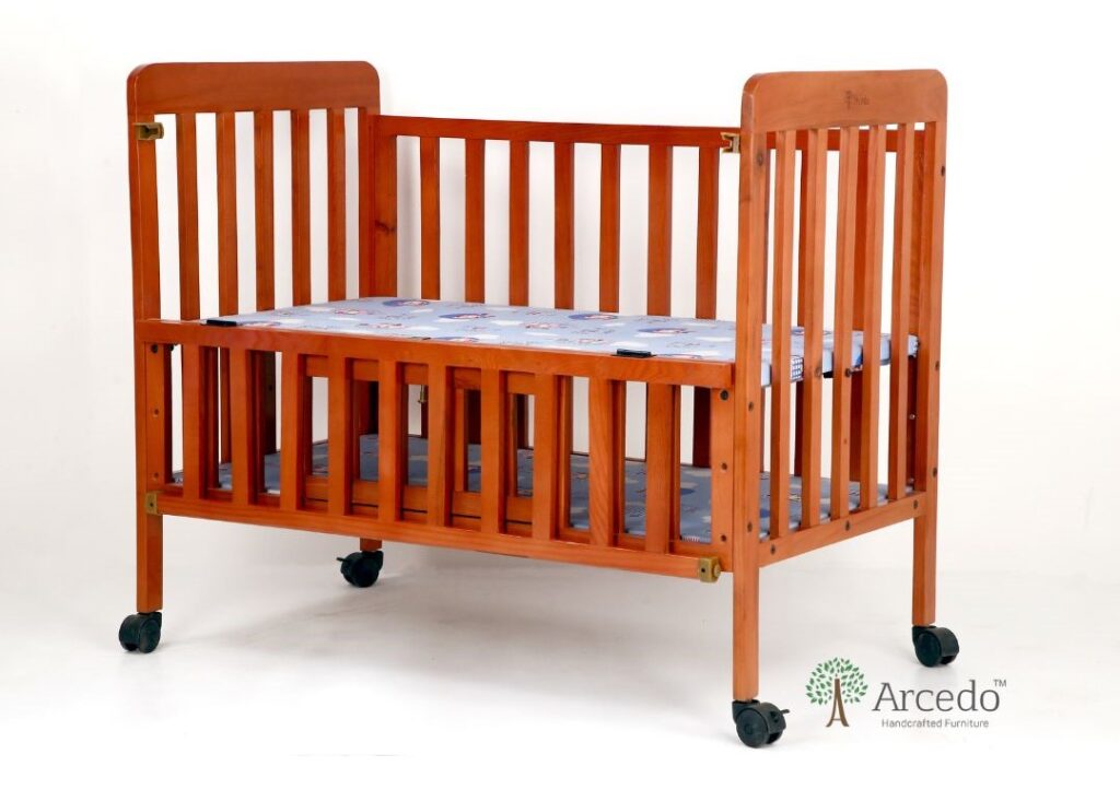Wooden Baby Cot Bed with 4 Adjustable Wheels - Cherry