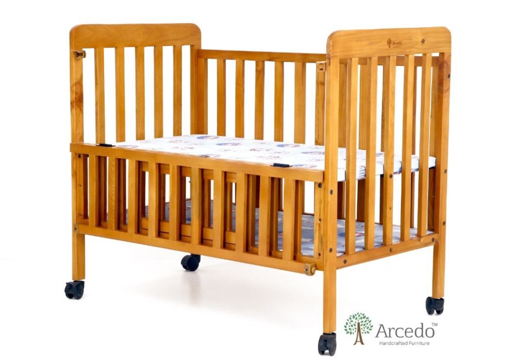 Wooden Baby Cot Bed with 4 Adjustable Wheels - Honey