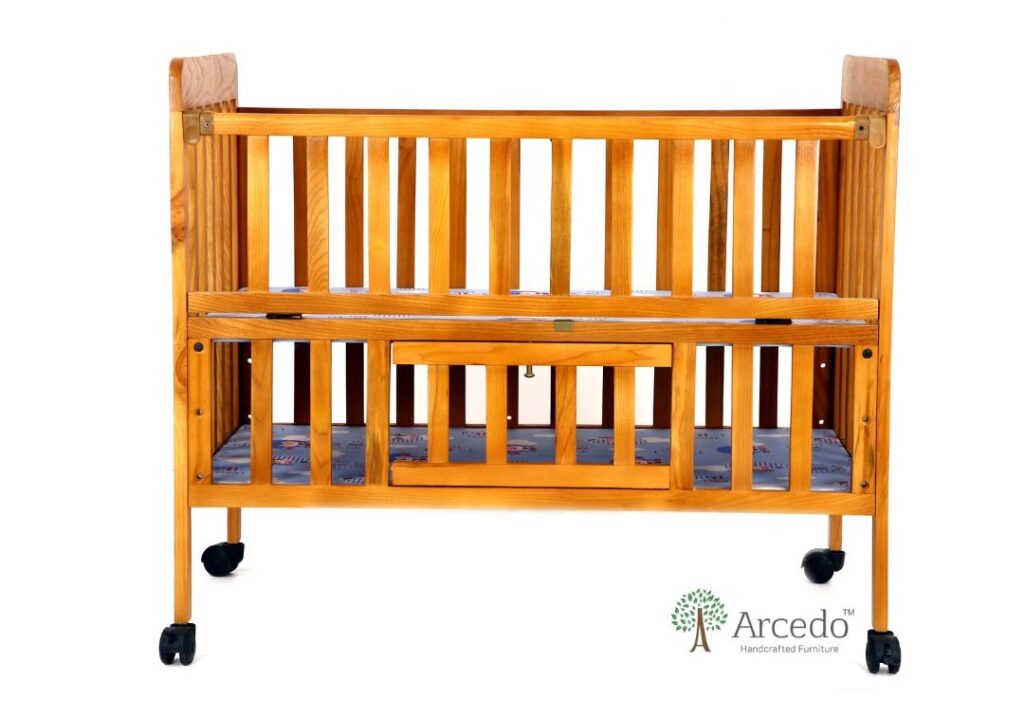 Wooden Baby Cot Bed with 4 Adjustable Wheels - Honey