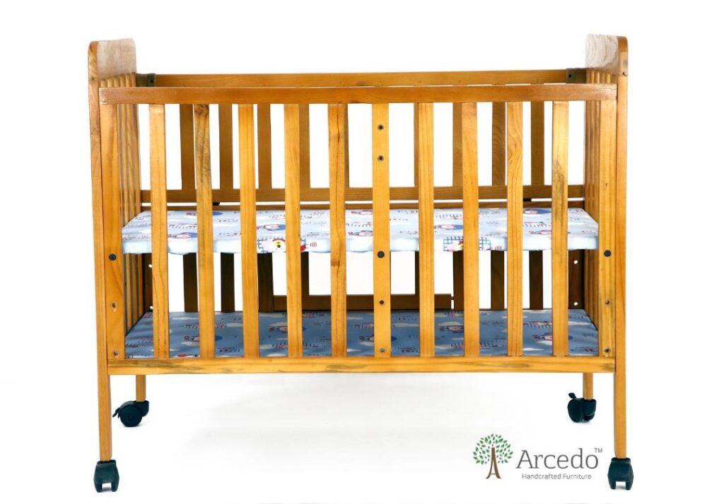Wooden Baby Cot Bed with 4 Adjustable Wheels - Honey