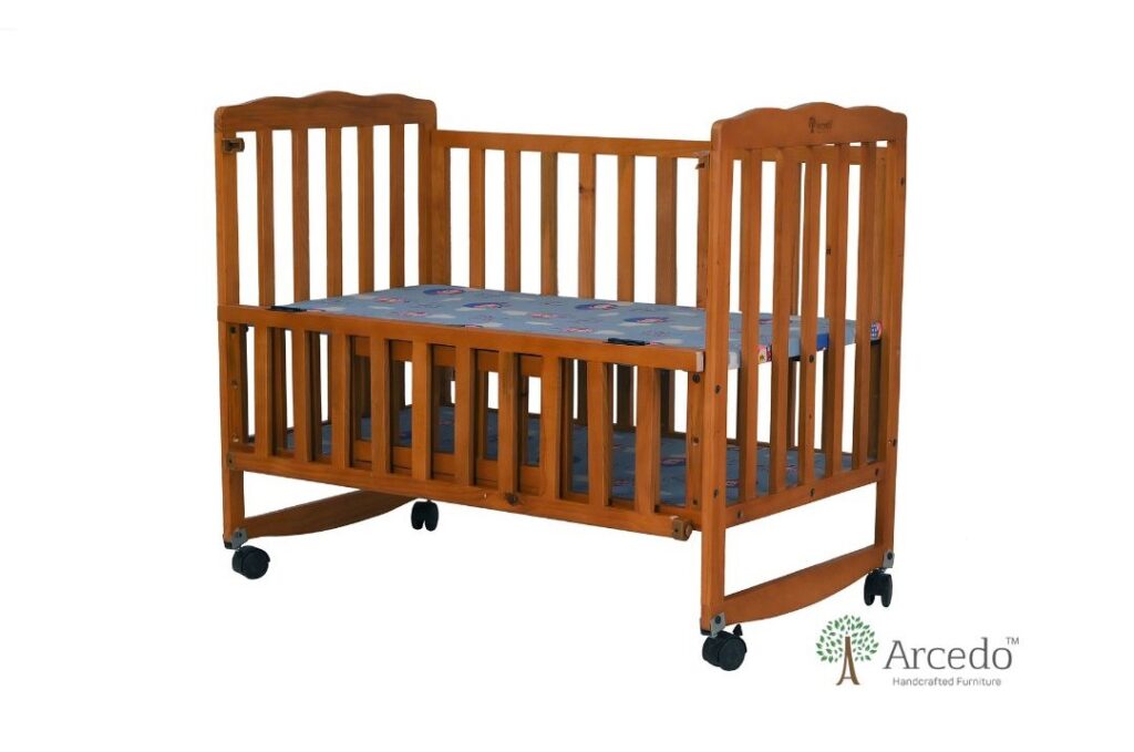 Baby Wooden Cot Convertible Baby Bed Lock Wheel - Honey