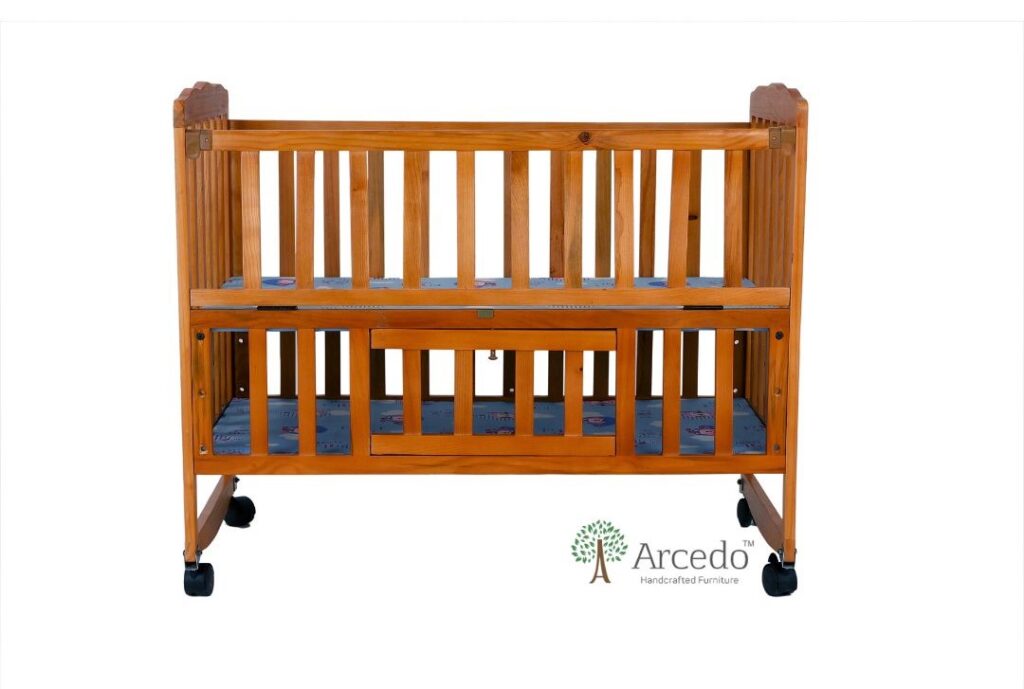 Baby Wooden Cot Convertible Baby Bed Lock Wheel - Honey