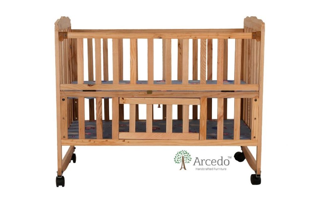 Baby Wooden Cot Convertible Baby Bed Lock Wheel - Natural