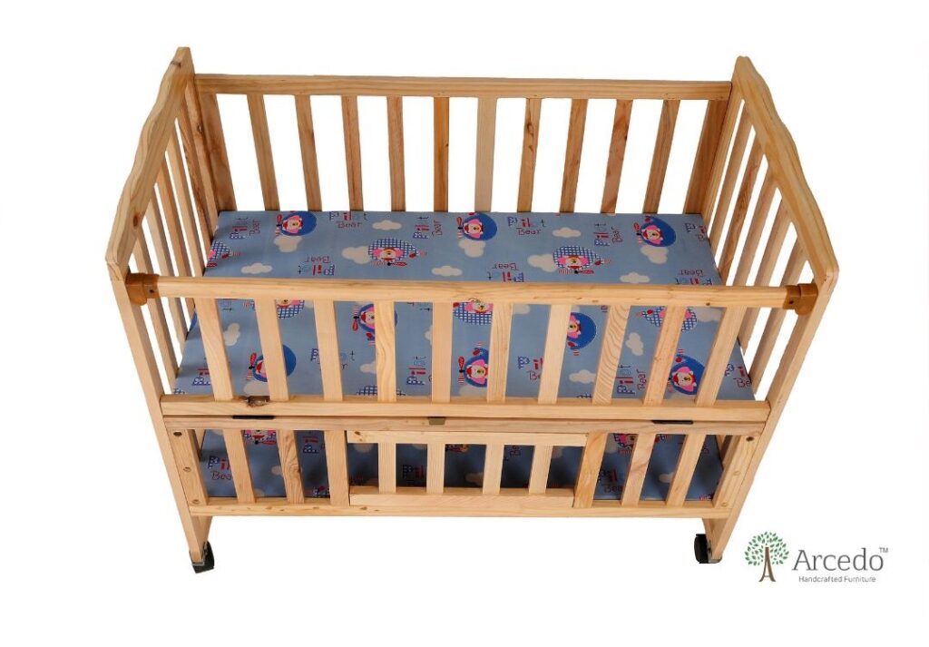 Baby Wooden Cot Convertible Baby Bed Lock Wheel - Natural
