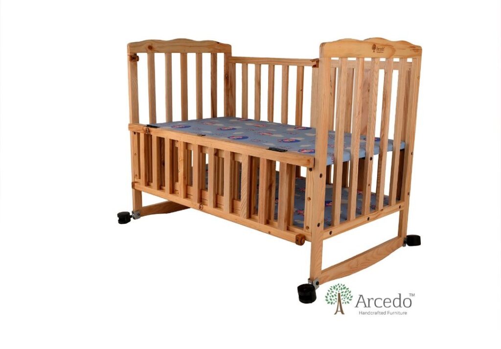 Baby Wooden Cot Convertible Baby Bed Lock Wheel - Natural