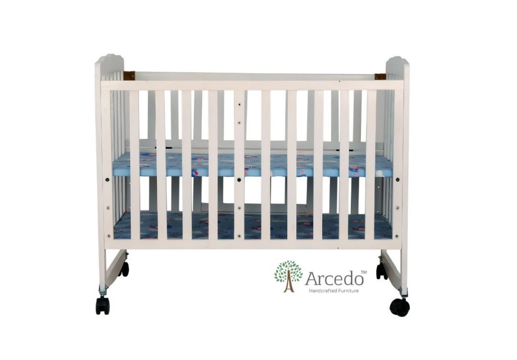 Baby Wooden Cot Convertible Baby Bed Lock Wheel - White